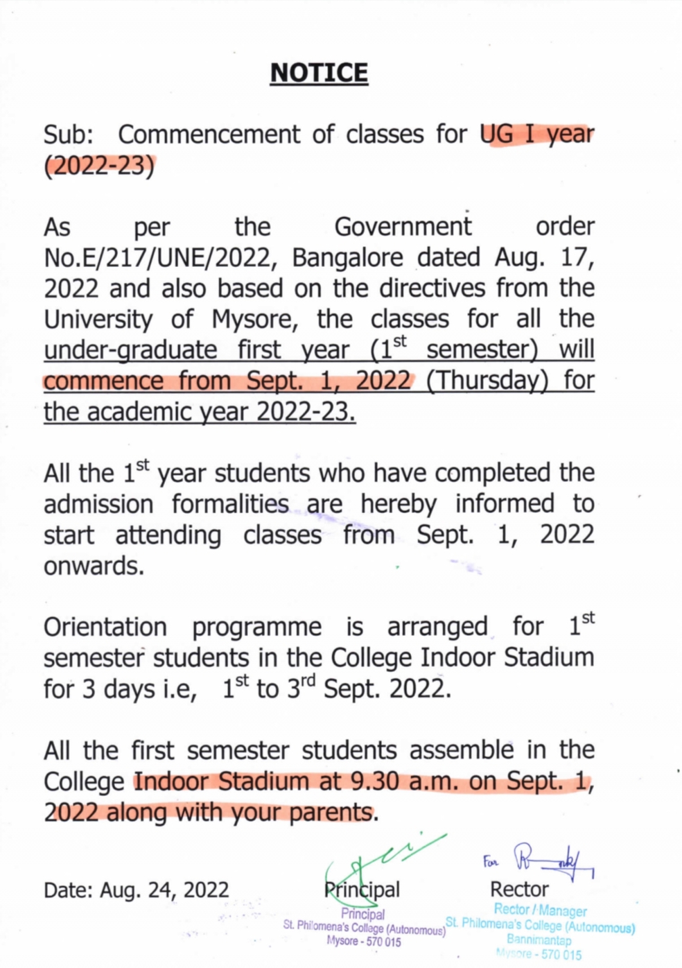 Notice regarding commencement of classes for 1st year students